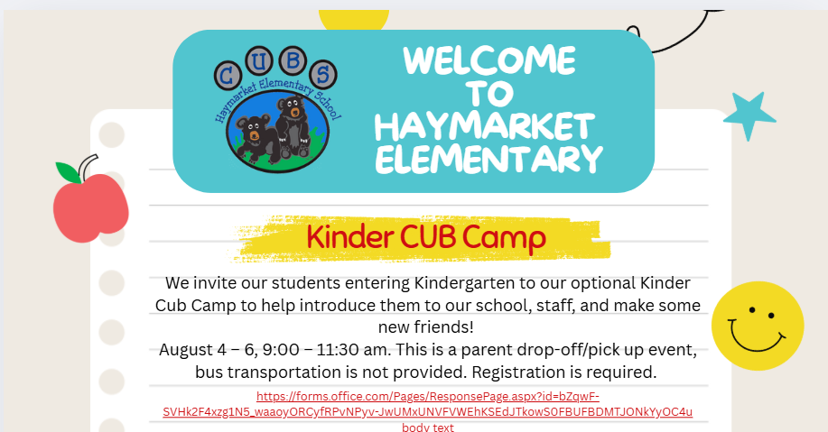 Kinder CUB Camp 2025 - Haymarket Elementary School